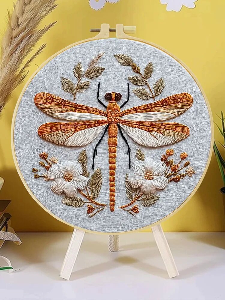 Набор для вышивания,20X20CM, подходит для начинающих, Цветы со стрекозой
