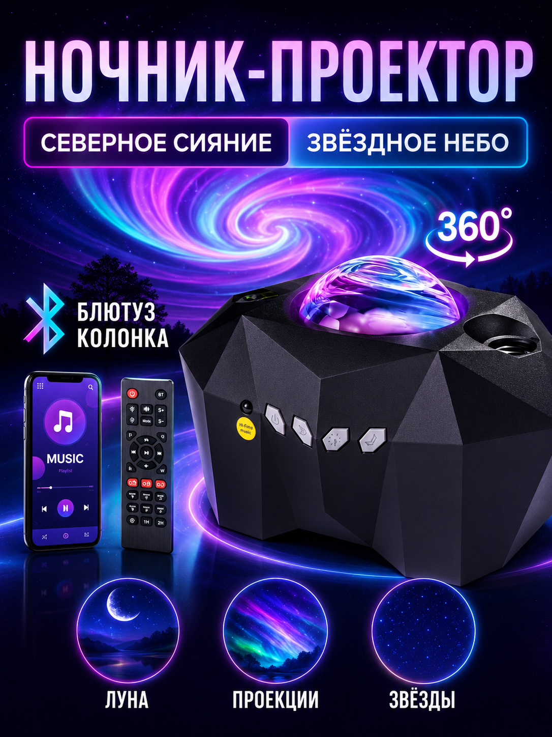 Ночник проектор звездного неба Аврора, Проектор светильник северного сияния для детской комнаты, Черный