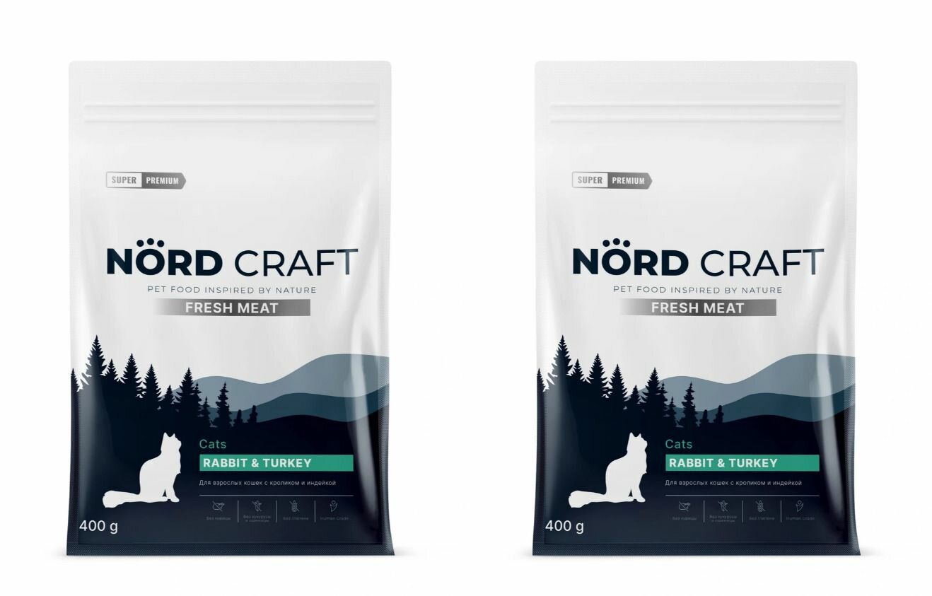 NORD CRAFT Корм сухой для стерилизованных кошек и кастрированных котов Кролик и индейка, 400 г, 2 уп