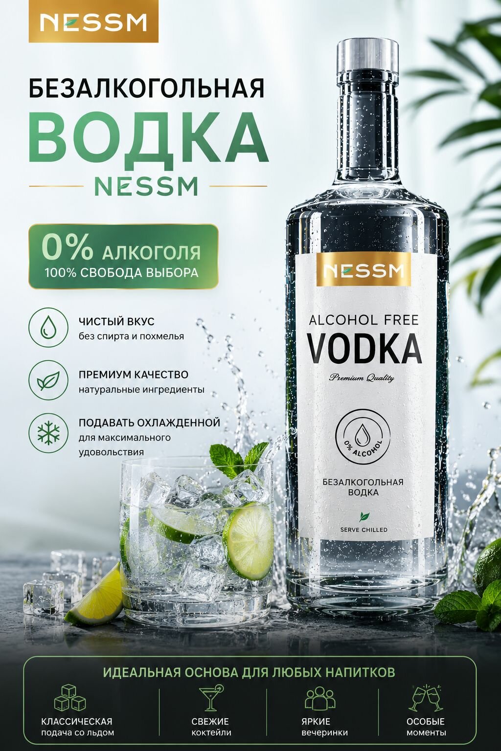 Безалкогольная водка NESSM Zero / Безалкогольный зерновой дистиллят, 0,5 л, 0% спирта, основа для коктелей