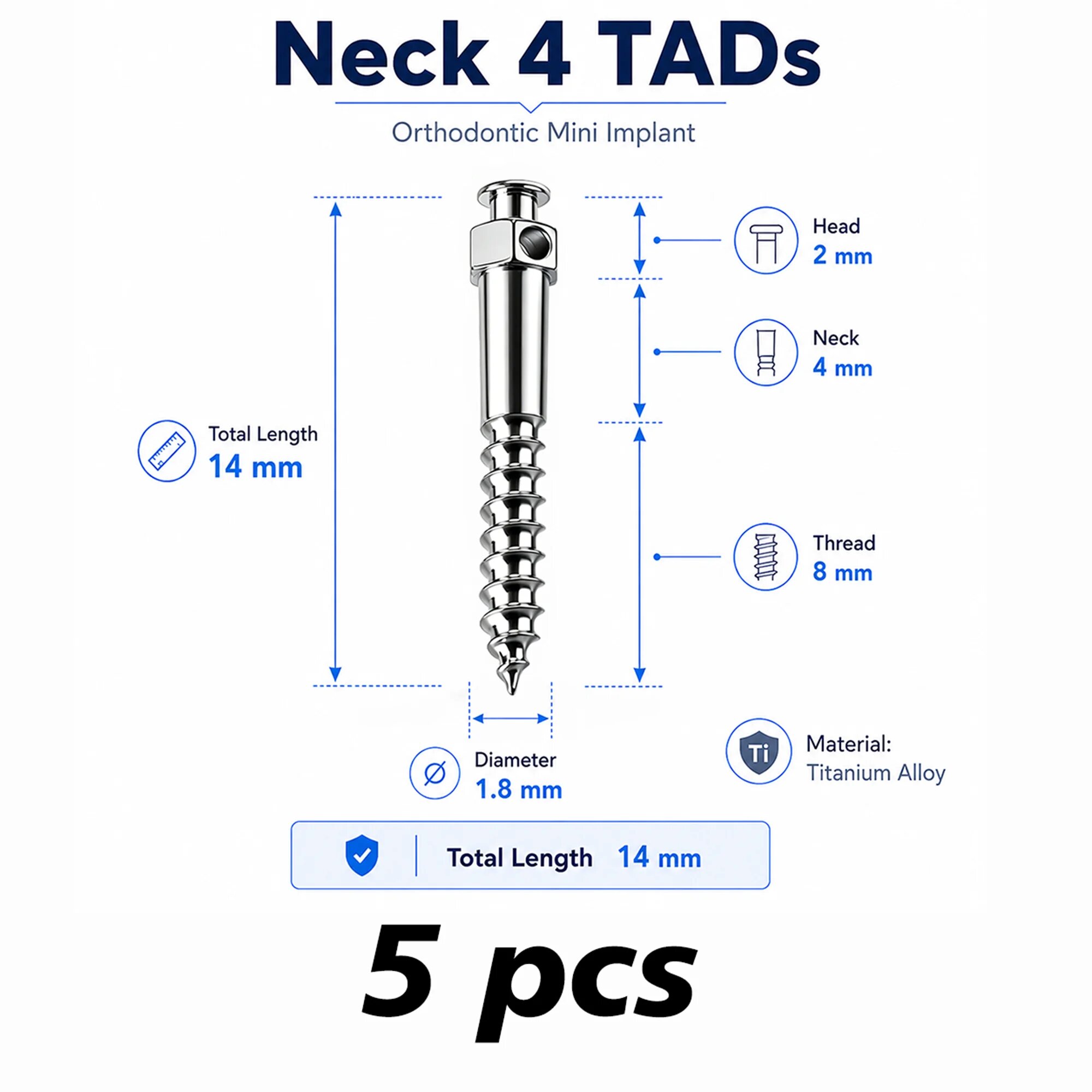 Набор ортодонтических мини-имплантов TADS 1.8x14 мм, 10 шт. 1bag 5pcs