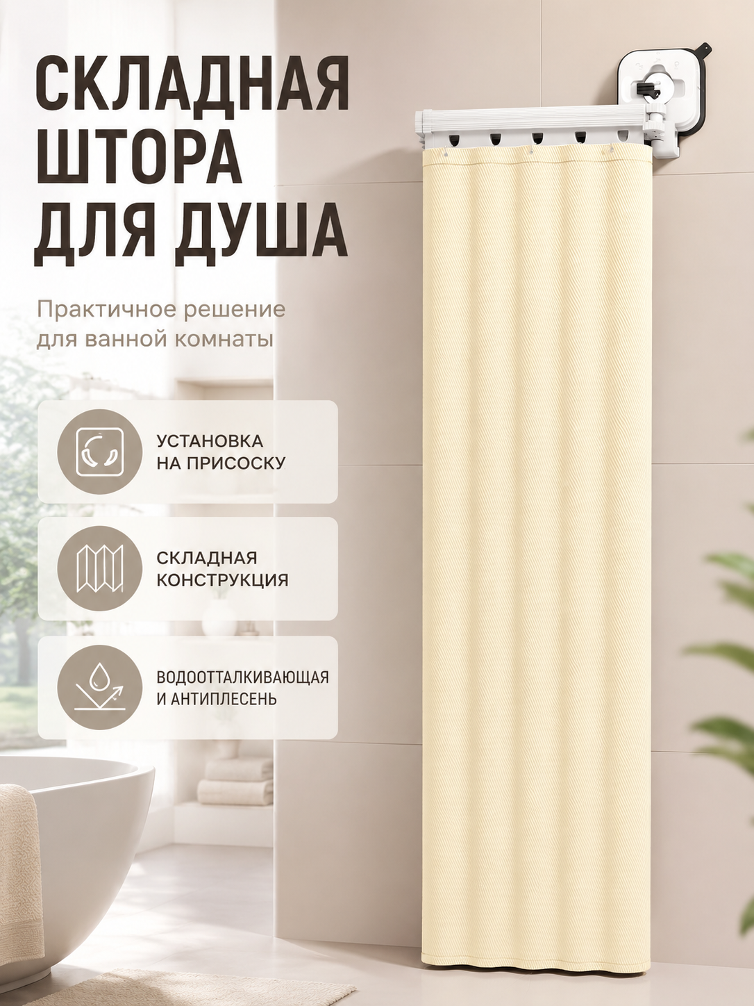 Складная штора для ванны с удобным креплением и кольцами в комплекте, простая в монтаже занавеска для душа