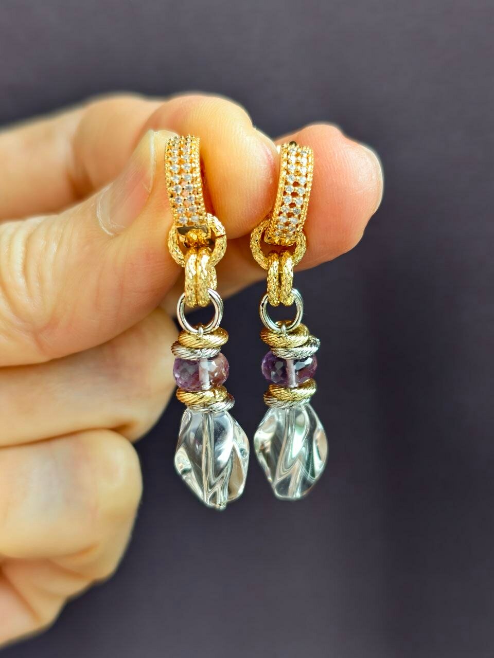 Серьги Камни Елены, аметист, горный хрусталь