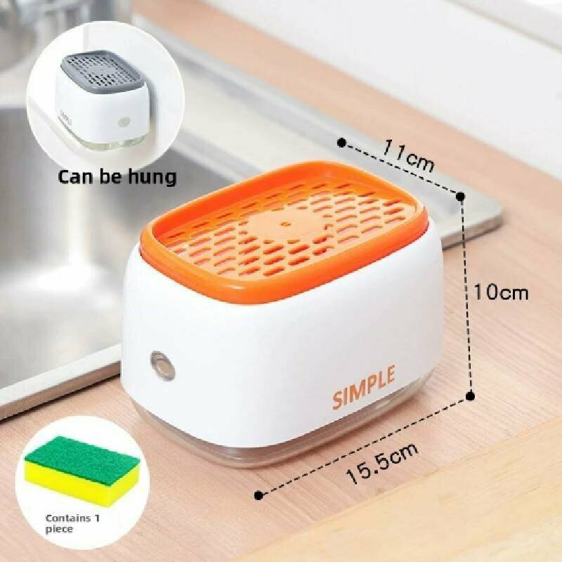 Kitchen dish brush with soap dispenser and plastic holder for easy cleaning, orange