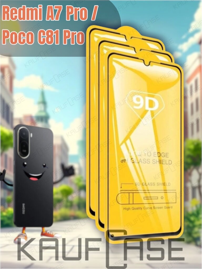 Стекло KaufCase глянцевое, комплект 3 шт для Xiaomi Redmi A7 Pro/ Poco C81 Pro (6.9"), черная рамка. На экран