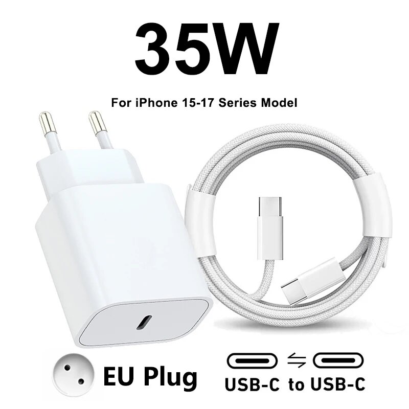 Для Apple Оригинальное 35 Вт Тип C быстрое зарядное устройство для iPhone 17 16 15 14 13 12 11 Pro Max Samsungs S25 Xiaomi Быстрая зарядка кабель с молнией