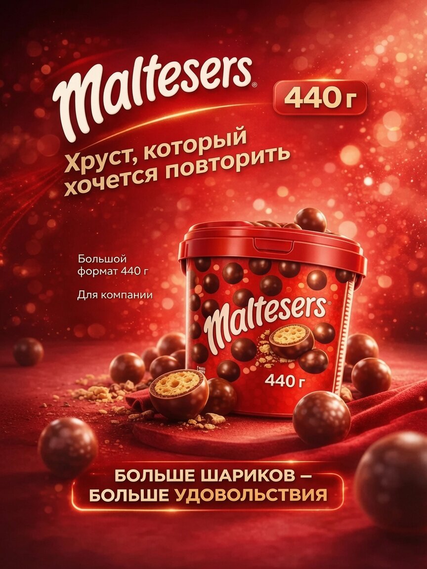 Конфеты шоколадные Maltesers с вафельной начинкой в ведре - 440 грамм