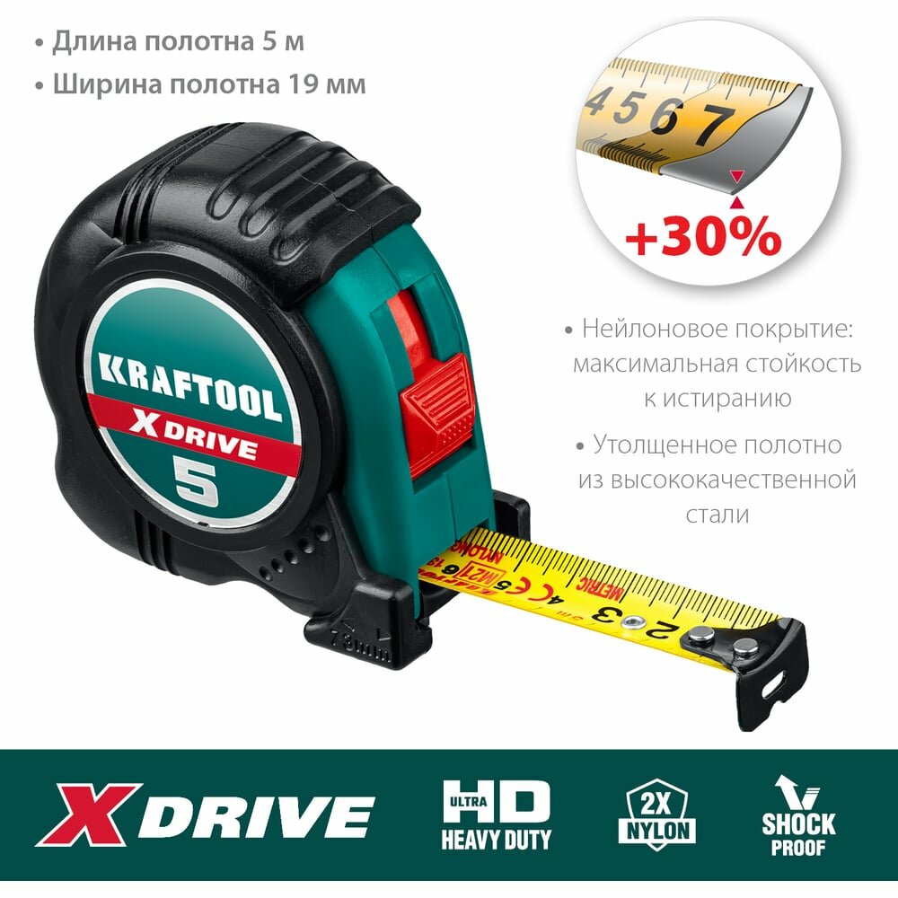 Рулетка KRAFTOOL X-Drive 5м/19мм с ударостойким обрезиненным корпусом 34122-05-19_z02 — фото 1
