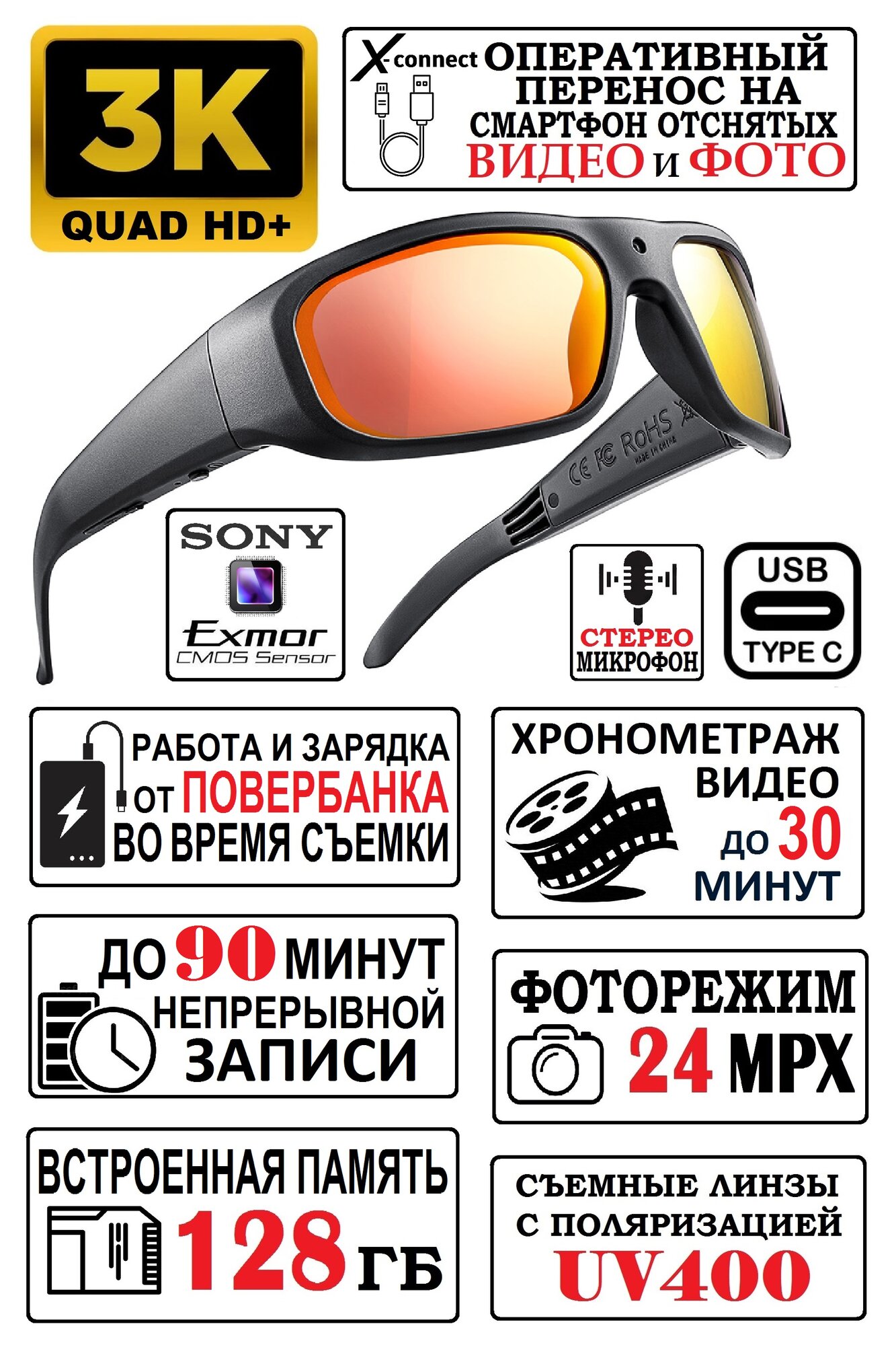 Очки с видеокамерой X-TRY XTG363, сенсор SONY, 2880x1620, 50 мин, 30 кадр/сек