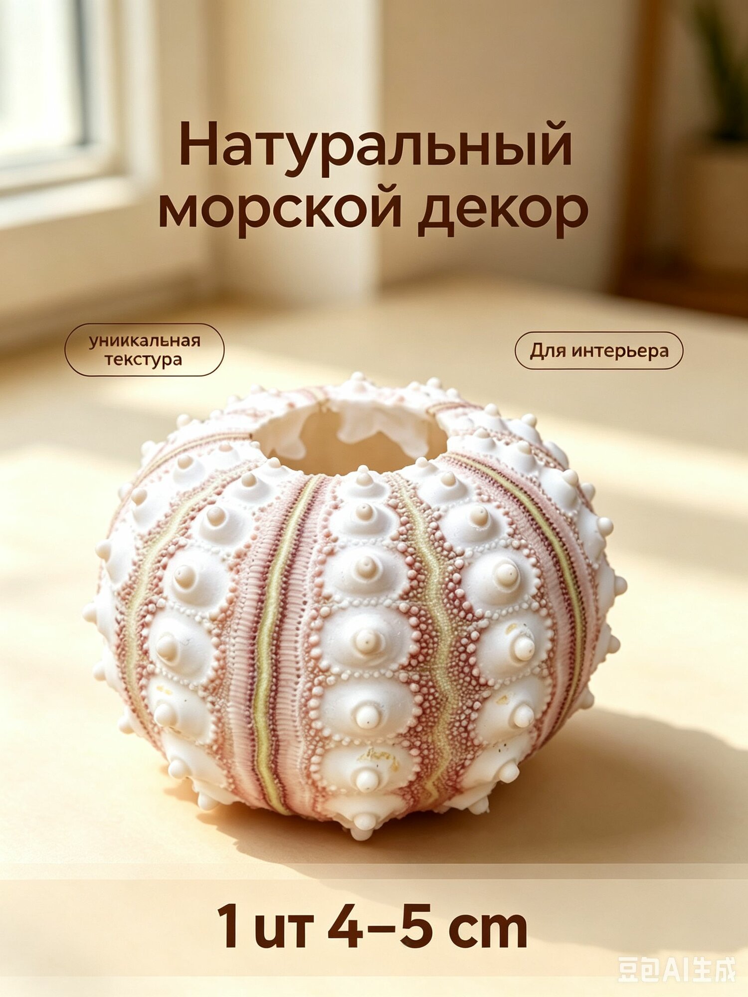 Ракушка-ежа "Пираты", натуральный декор, размер 4,5 см, 1шт.1