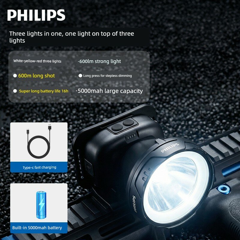 Новый мощный налобный фонарь Philips с датчиком освещенности для ночной рыбалки, использования с защитным шлемом, для