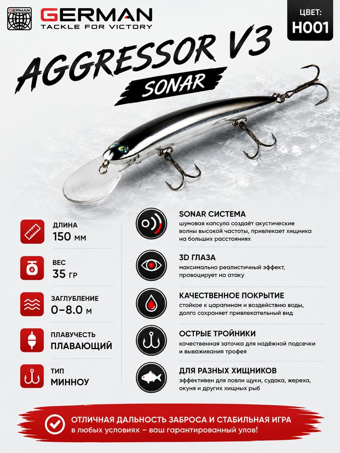 Воблер "Aggressor V3 SONAR" 150 мм / 35 гр / H001 цвет