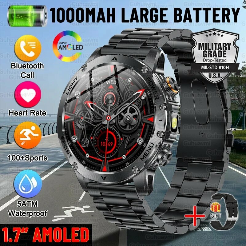 Военные умные часы 1000 мАч для спорта Unisex Black Steel