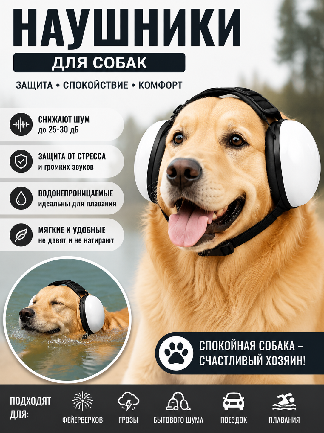 Наушники для собак derYEP, защита слуха 29 дБ, мягкие антишумные ушные чехлы для груминга и фейерверков
