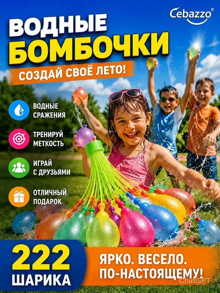 Водяные бомбочки 222 штук / Набор водных бомбочек, шарики для воды взрывающиеся для детей и летних игр на улице/ Наполняются за 60 секунд