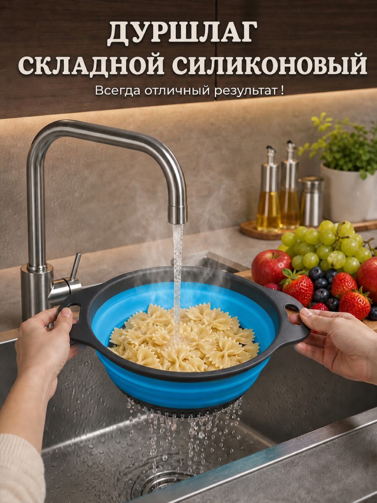 Дуршлаг складной, силиконовый для промывки круп, макарон, риса, овощей, фруктов, ягод, зелени, синий