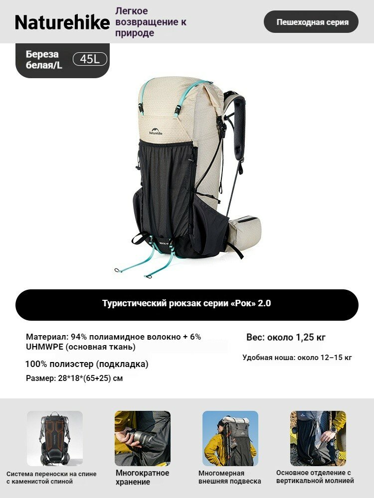 Naturehike Походный рюкзак 2.0，Высокопрочная дышащая сетка，94% полиамидное волокно + 6% UHMWPE CNK2550XB018