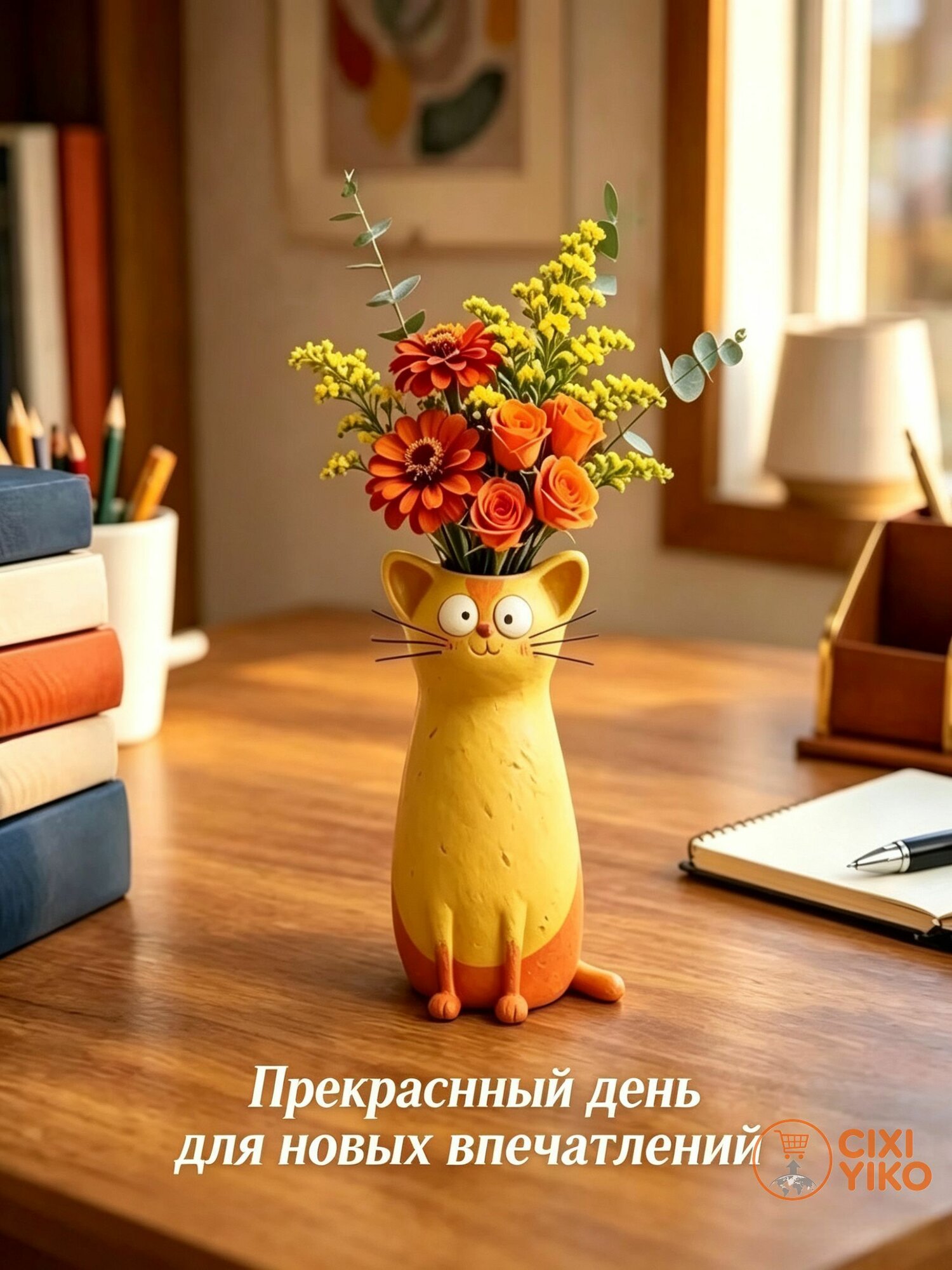 Ваза "Странный кот", 13 см , Смола, 1 шт — Вазы для цветов