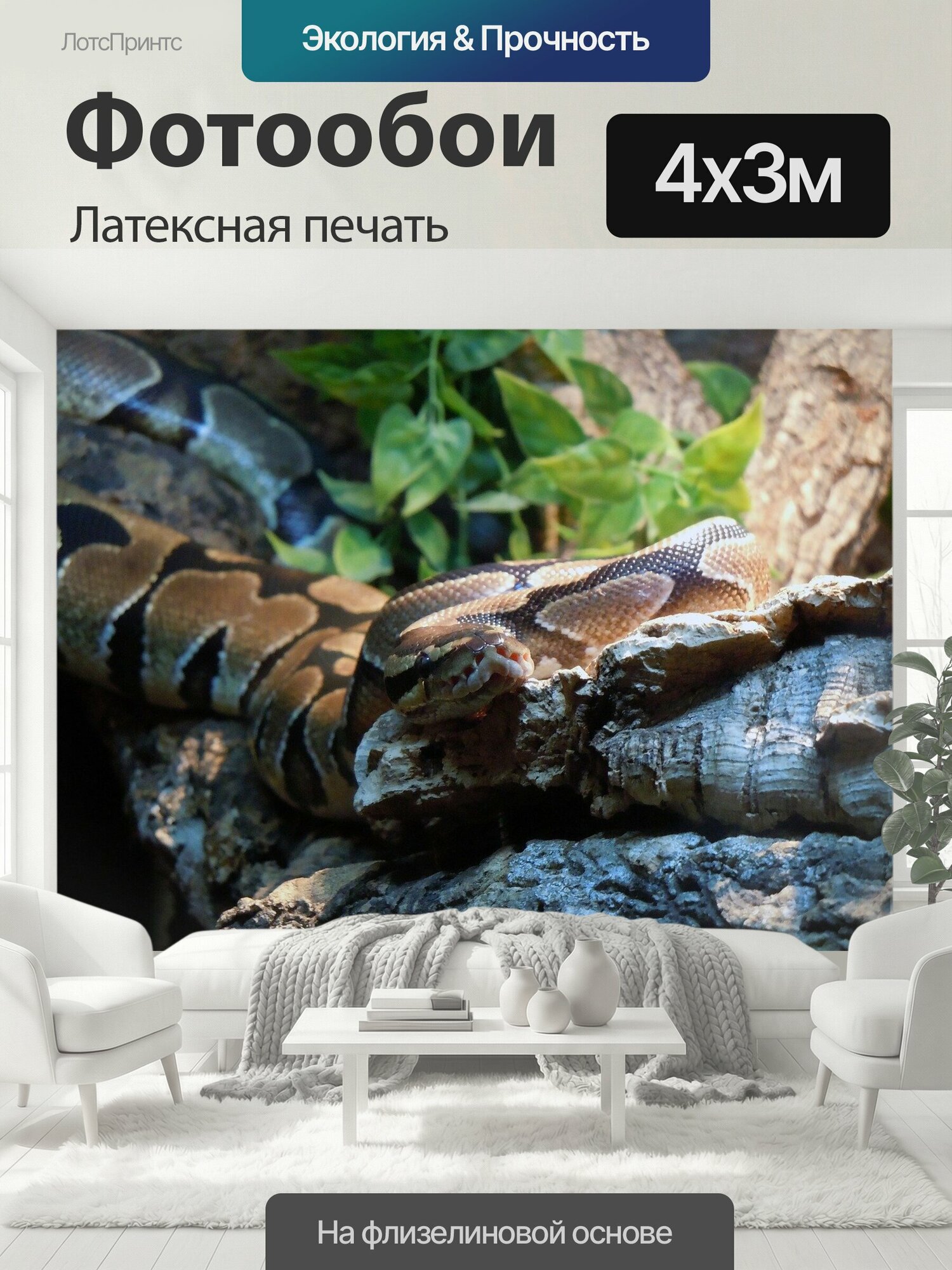 Фотообои моющиеся ударопрочные "Питон, линия, удушающая змея" 400x300 см. латексная печать