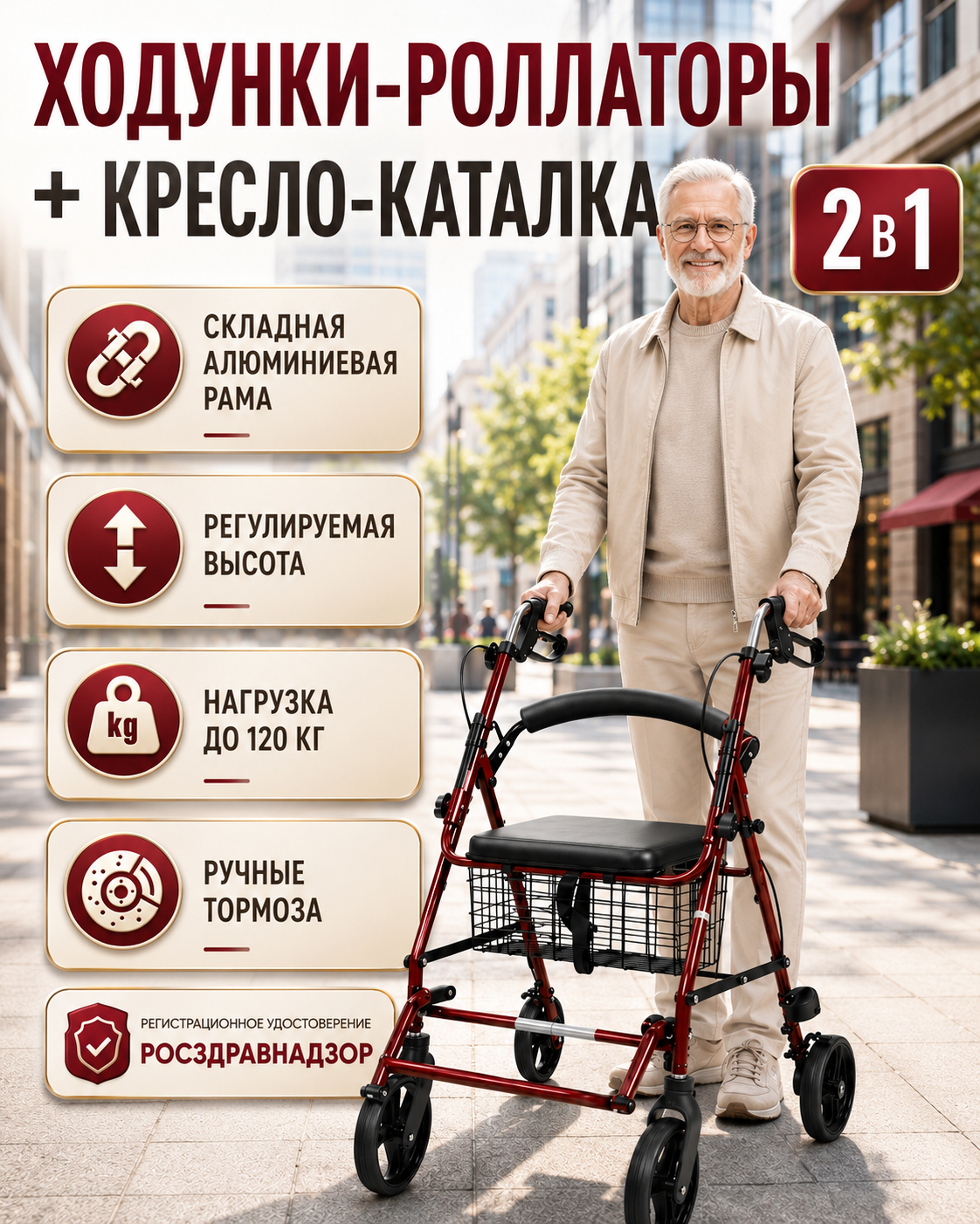 Ходунки роллаторы для пожилых и инвалидов на колесах, кресло-каталка 2 в 1
