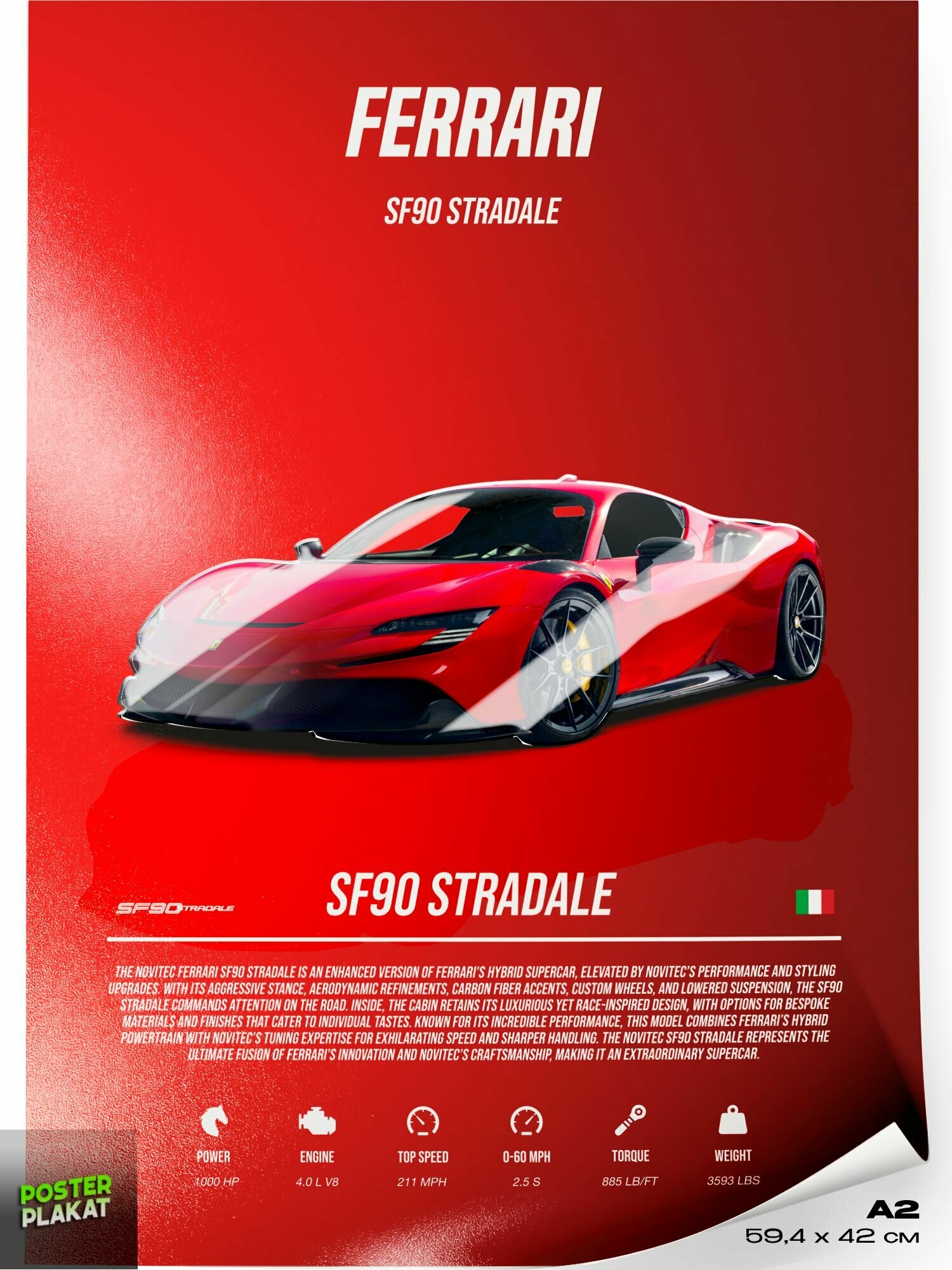 Постер на стену с машинами, Ferrari SF90 STRADALE, авто Феррари Страдале, для интерьера, А2 (60 х 42 см), Постер Плакат