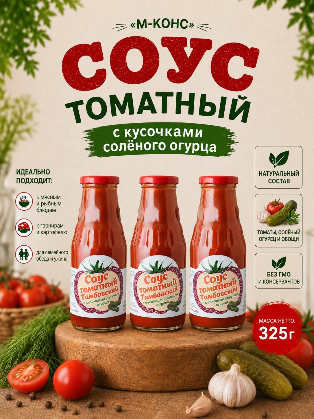 Соус томатный Тамбовский с кусочками соленого огурца, 3 шт. по 325 г