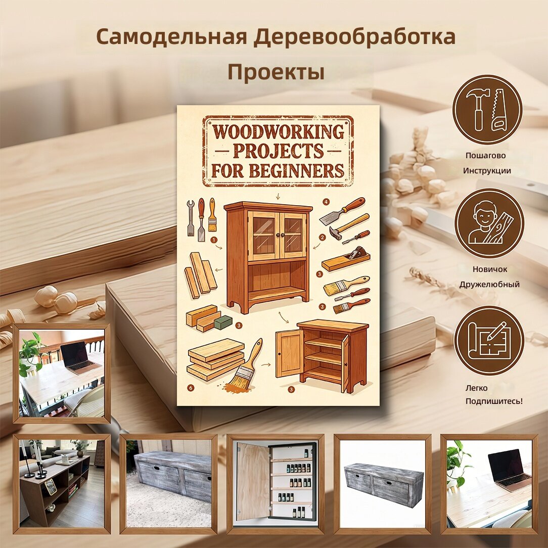 Пошаговое руководство по деревообработке для начинающих: проекты полок, столов, шкафов и декора для небольших помещений, формат A5