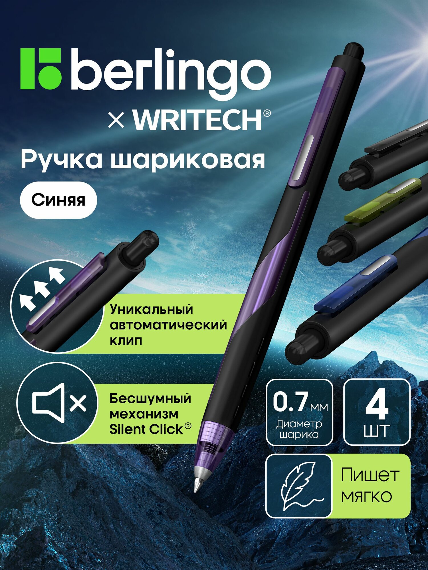 Ручки шариковые автоматические синие, набор для школы 4 штуки