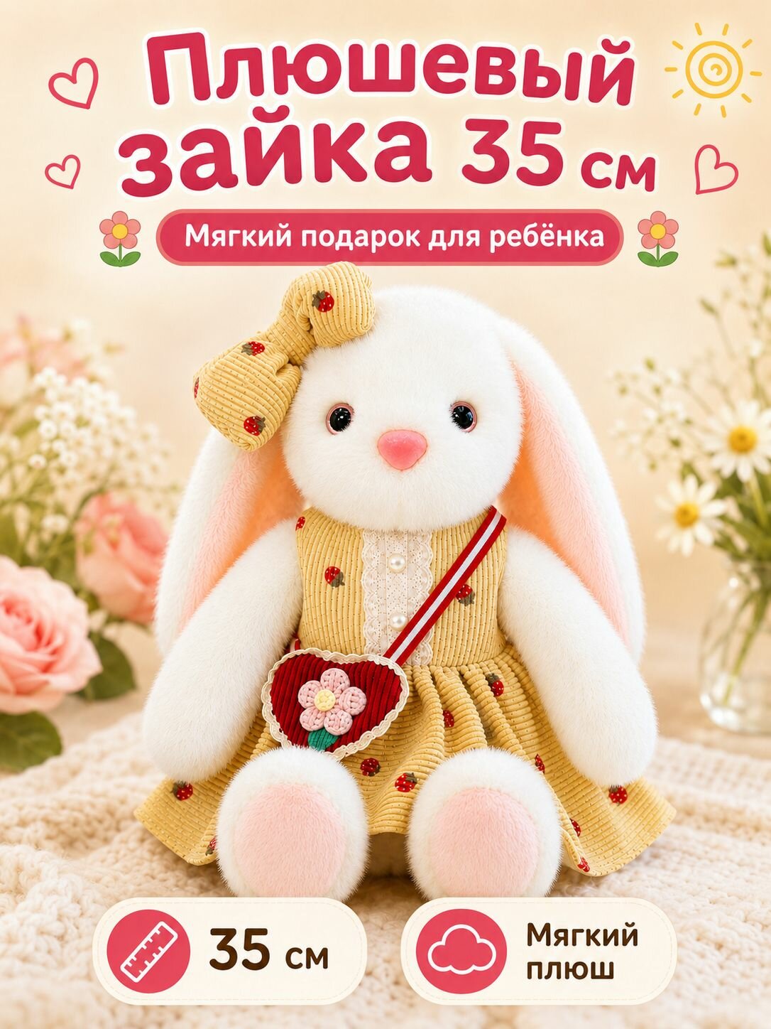 Мягкая игрушка зайка 35 см в платье с клубничками, плюшевый кролик для девочки, подарок ребёнку