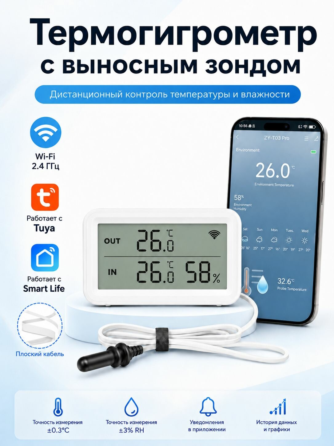 Умный WI-FI датчик температуры и влажности, термометр-гигрометр с LCD-дисплеем и выносным зондом для аквариума и холодильника термогигрометр с выносным датчиком