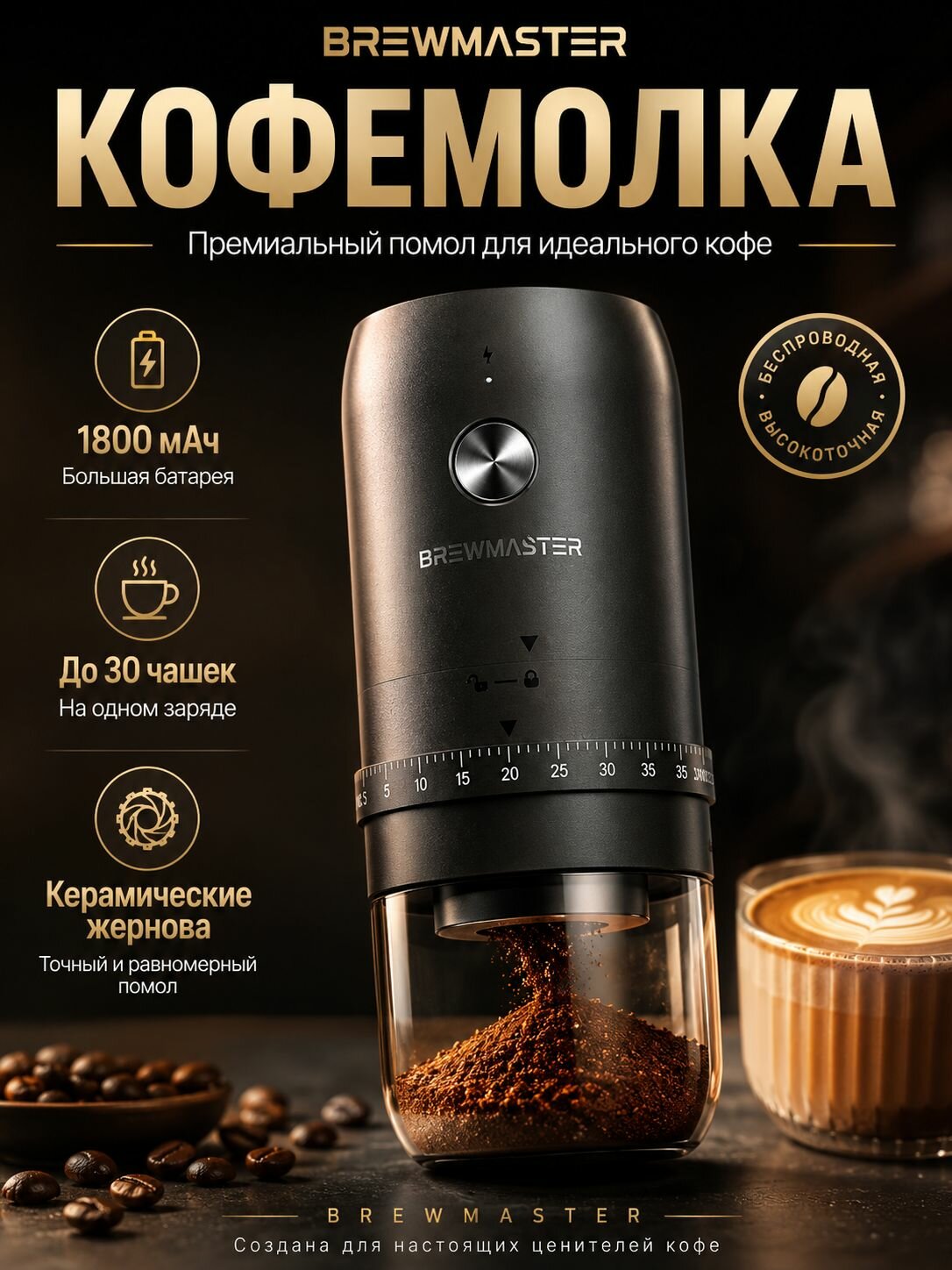 BrewMaster Портативная электрическая кофемолка, керамические жернова, 40 степеней помола, аккумулятор 1800 мАч, для зернового кофе, дома, офиса и путешествий