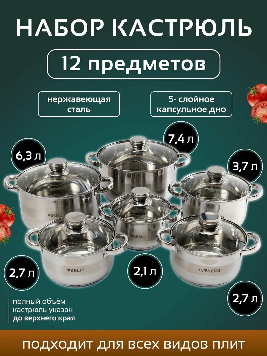 Набор кастрюль KELLI из нержавеющей стали с крышкой, 12 предметов, от 2.1 л до 7.4 л, подходит для всех плит включая индукционные плиты капсульное дно