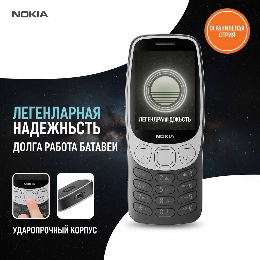 Кнопочный телефон NOKIA 3210 4G, Dual Sim, EAC, черный (TA-1618)