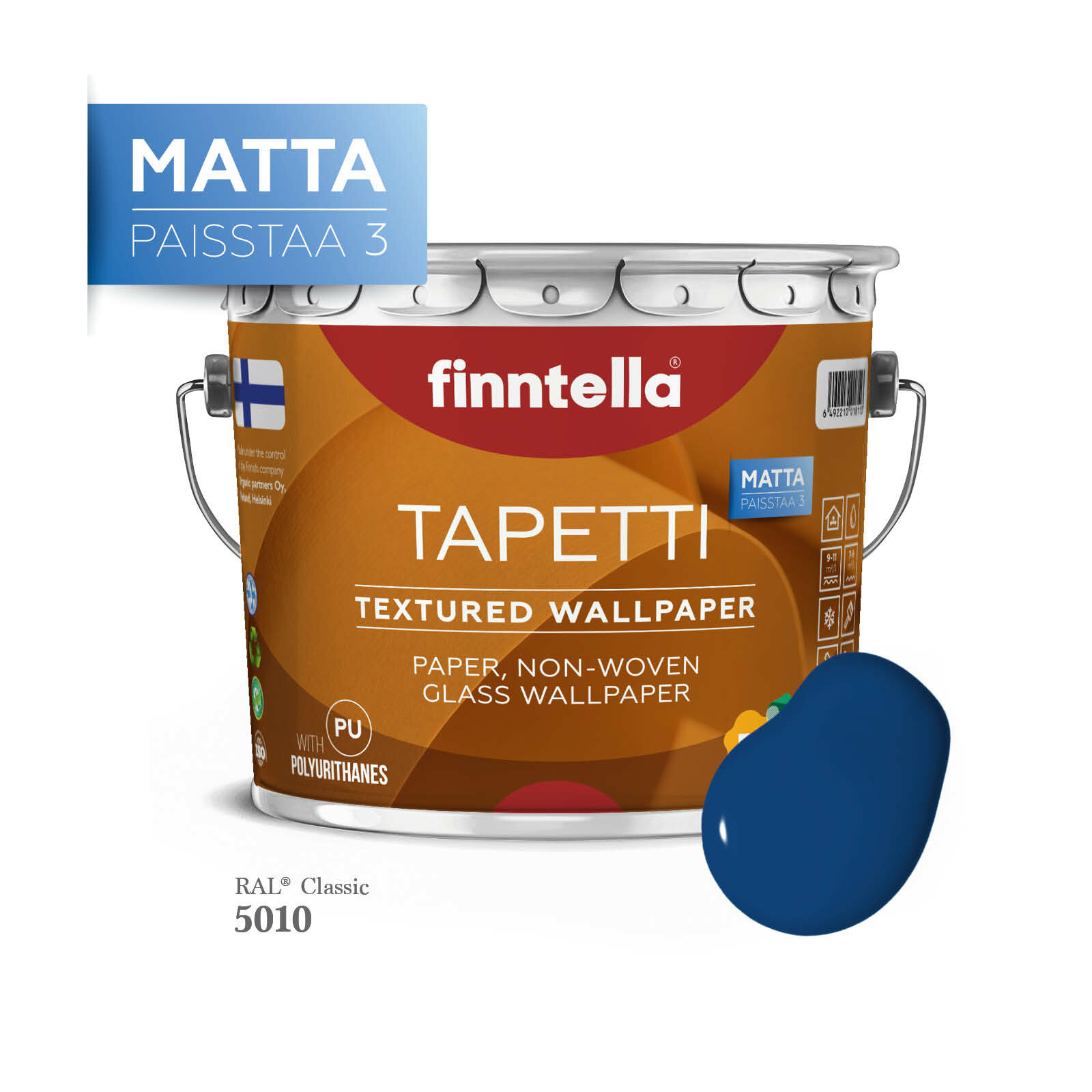 Матовая краска для обоев под окраску TAPETTI Matta FINNTELLA, Цвет RAL 5010 Генцианово-синий (Gentian blue), 2,7л