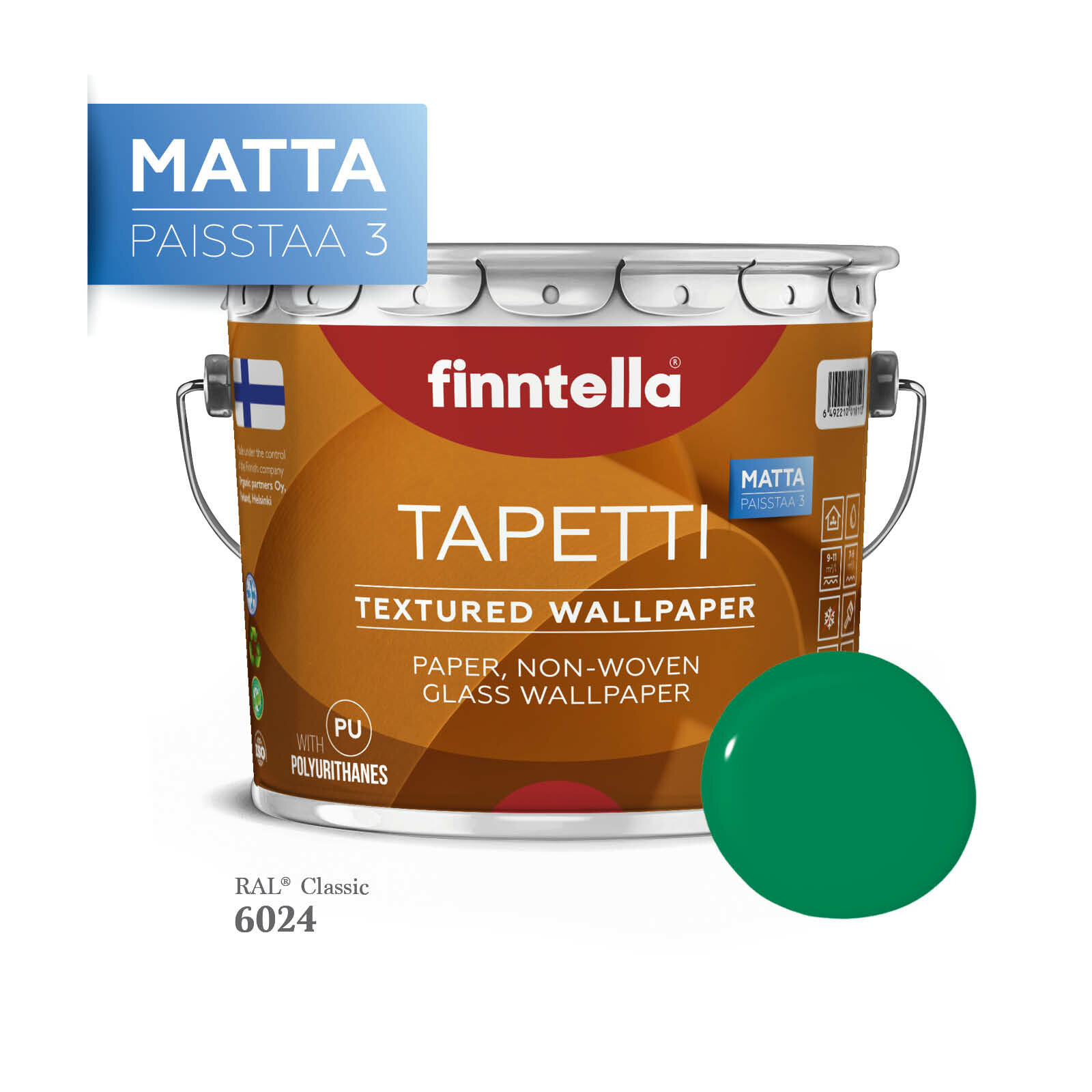 Матовая краска для обоев под окраску TAPETTI Matta FINNTELLA, Цвет RAL 6024 Транспортный зеленый (Traffic green), 2,7л
