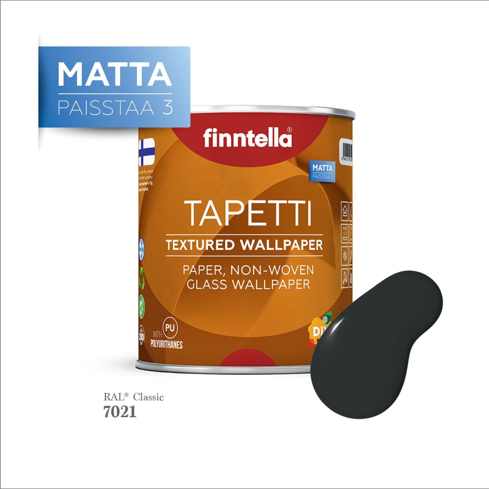 Матовая краска для обоев под окраску TAPETTI Matta FINNTELLA, Цвет RAL 7021 Черно-серый (Black grey), 0,9л