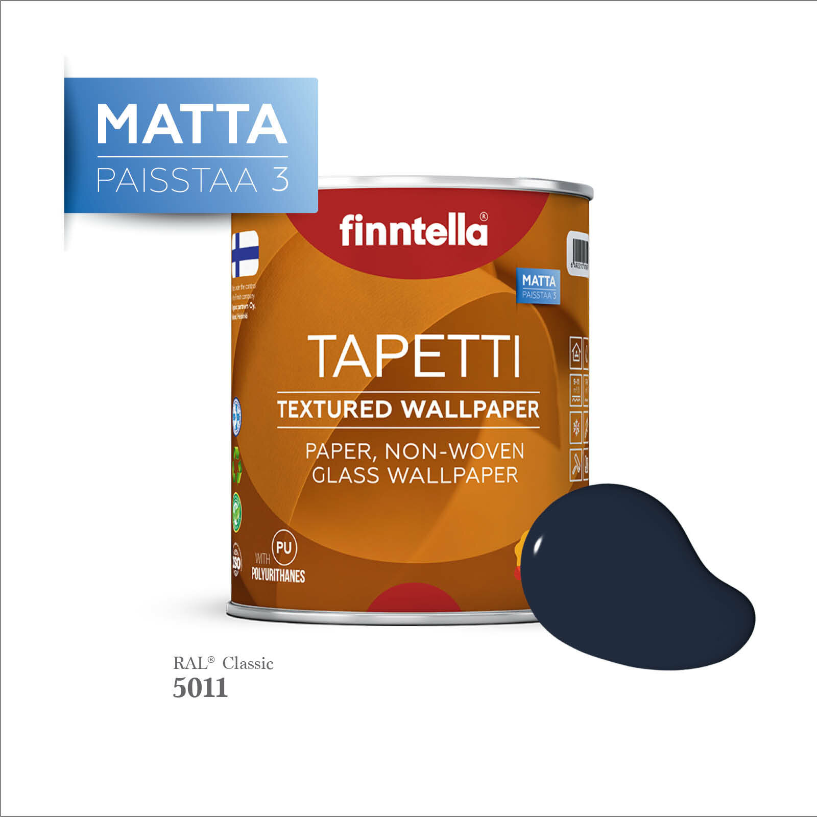 Матовая краска для обоев под окраску TAPETTI Matta FINNTELLA, Цвет RAL 5011 Стальной синий (Steel blue), 0,9л