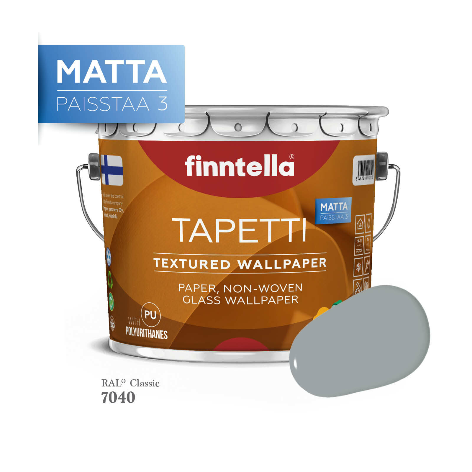 Матовая краска для обоев под окраску TAPETTI Matta FINNTELLA, Цвет RAL 7040 Серое окно (Window grey), 2,7л
