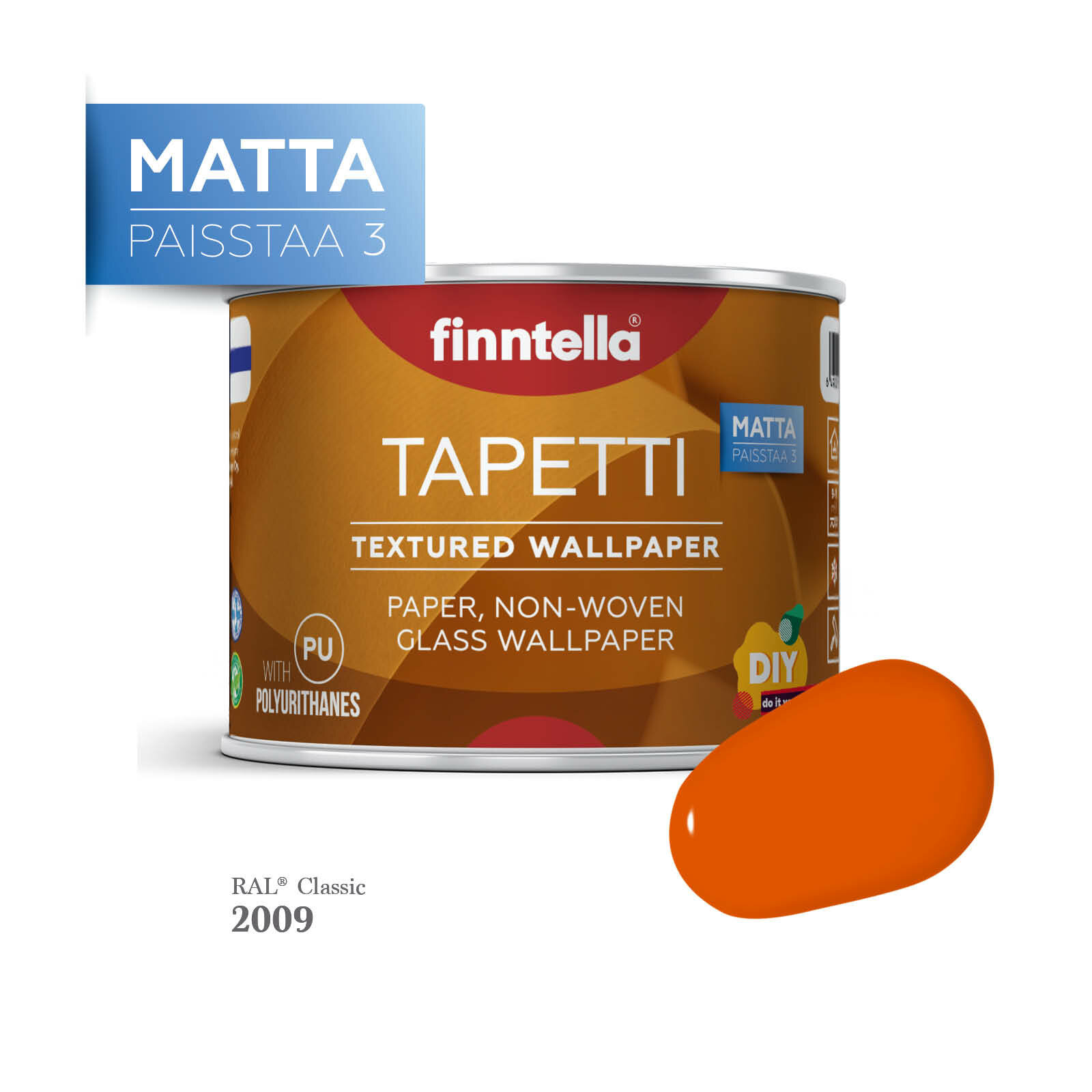 Матовая краска для обоев под окраску TAPETTI Matta FINNTELLA, Цвет RAL 2009 Транспортный оранжевый (Traffic orange), 0,45л