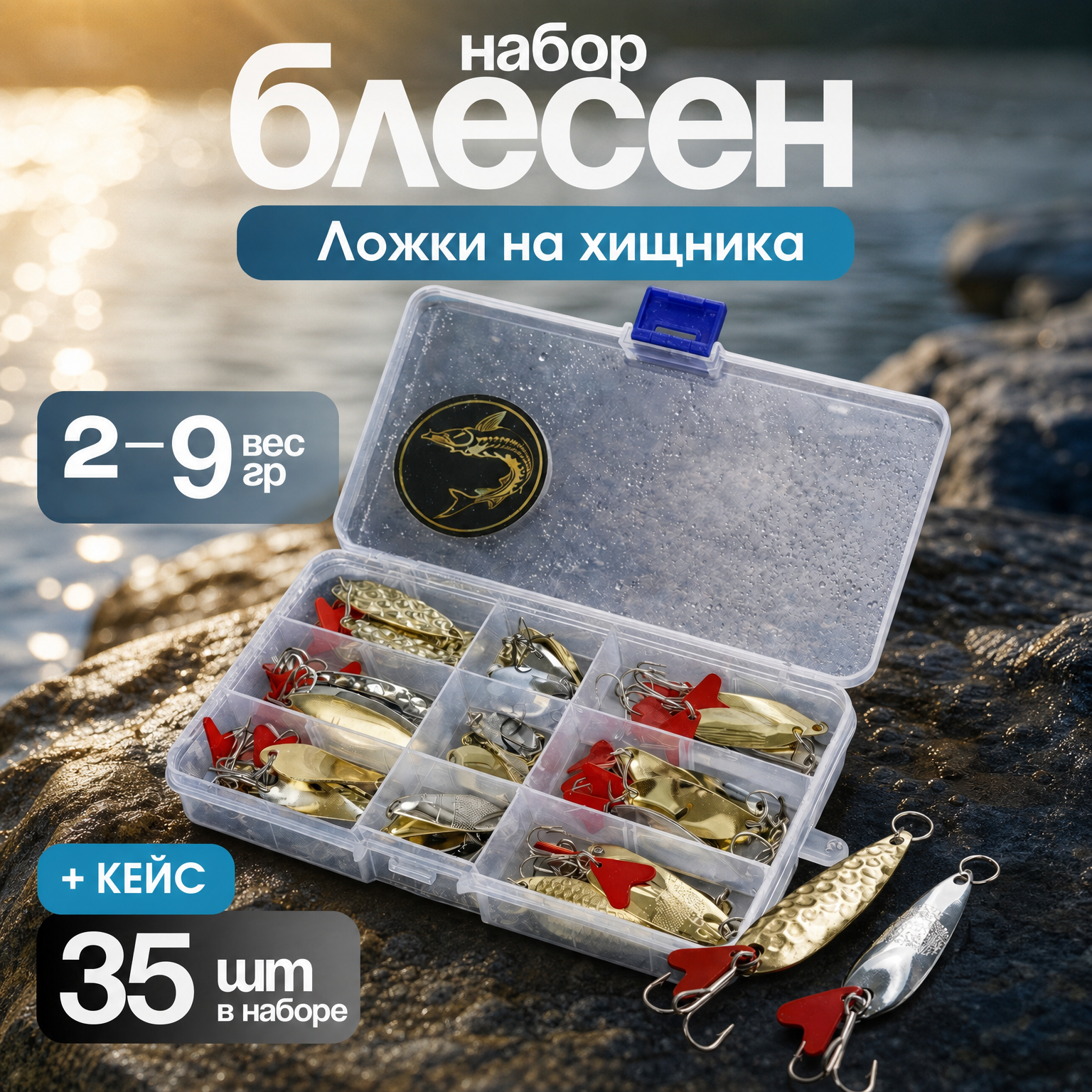 Набор блесен колебалок / Для рыбалки на хищника / Ложки на щуку и окуня / 35 шт в комплекте / С кейсом в подарок / Подарок рыбаку (Вес блесен: 2–9 гр; Комплектация: 35 блесен колебалок + пластиковый кейс; Размеры кейса: 180x110x40 мм)