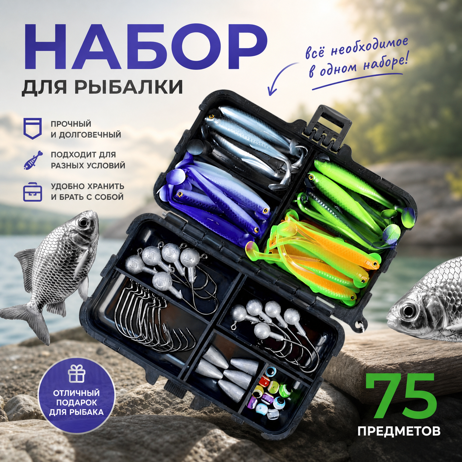 Набор для рыбалки, силиконовые приманки и рыбацкие снасти, 75 шт (Цвет товара: ярко-лаймовый; Длина: 62 мм)
