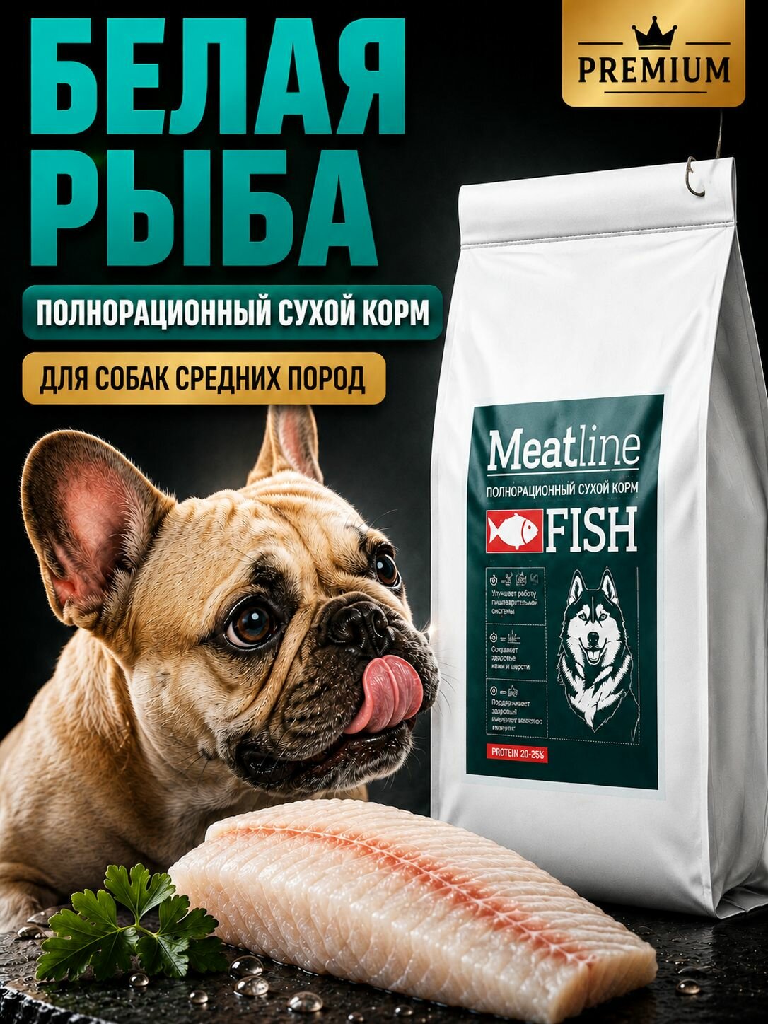 Сухой корм для собак средних пород 5 кг с белой рыбой Meatline Medium Adult протеин 22%