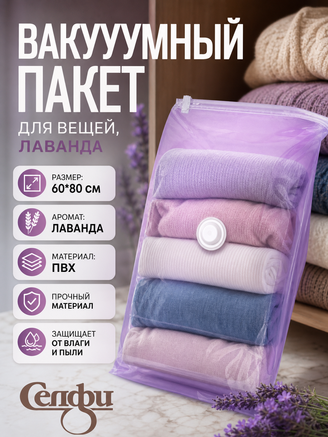 Пакет вакуумный "Селфи" 60*80см, ПВХ, аромат лаванды, экономия места
