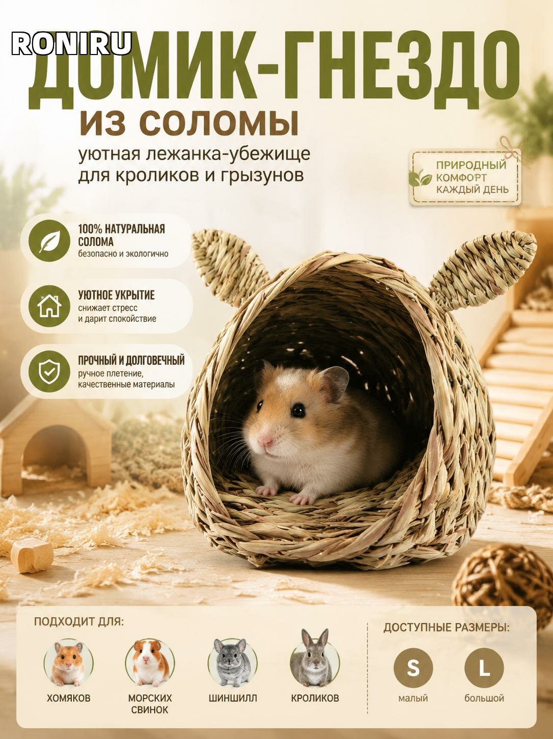 Домик-гнездо из соломы для кроликов и грызунов — уютная лежанка-убежище для хомяка, морской свинки, шиншиллы, S и L