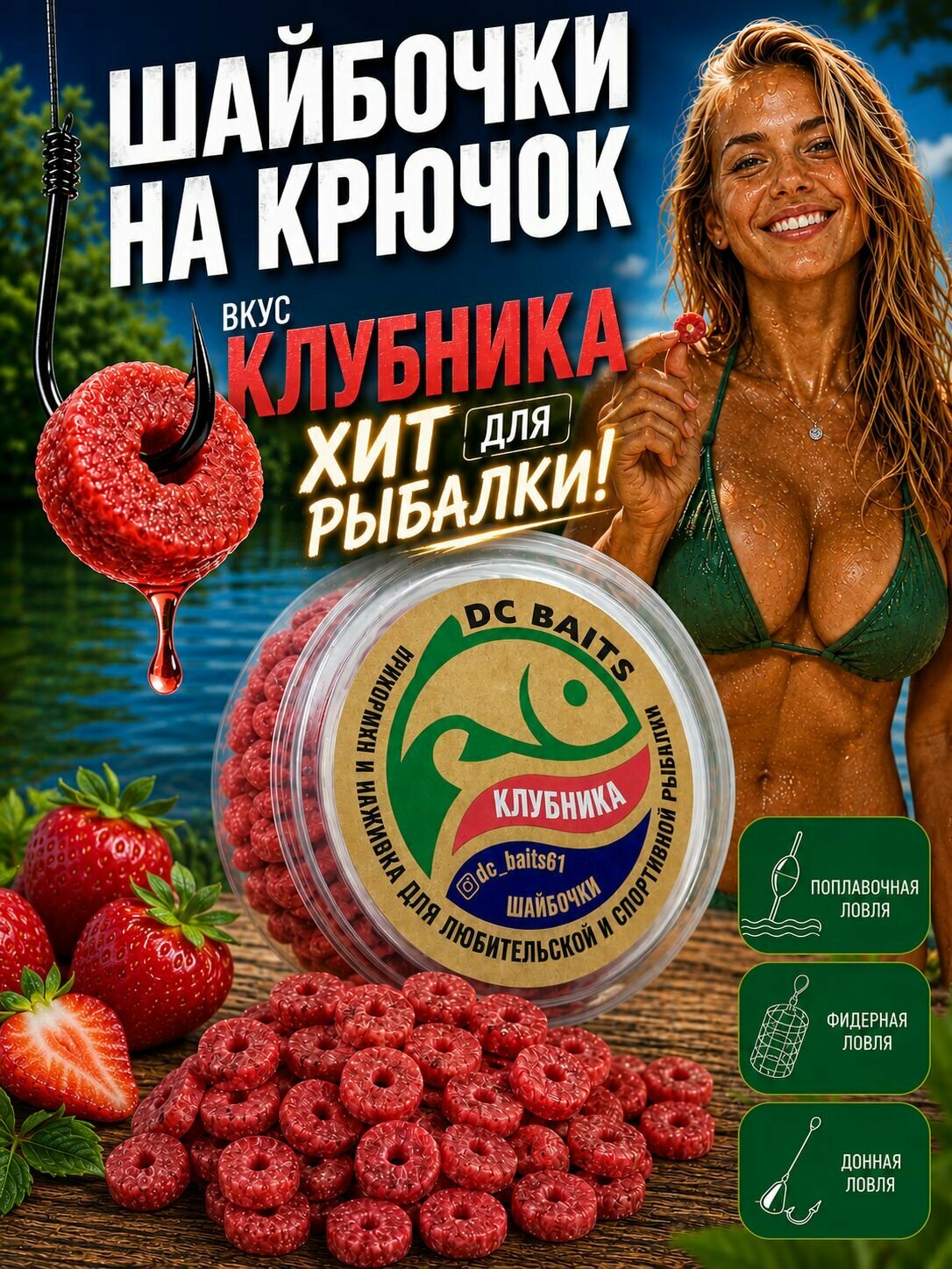 Насадка для рыбалки Клубника DC BAITS, шайбочки на карпа, карася и леща, пеллетс для фидера, на крючок и волос