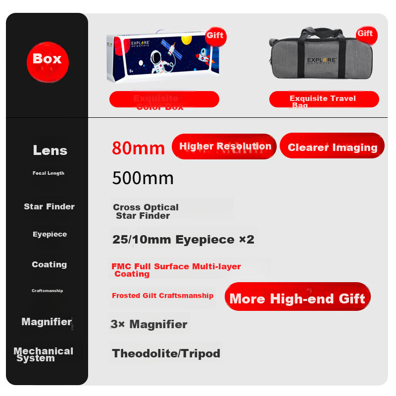 EXPLORE SCIENTIFIC Astronomical Telescope, Large Aperture, High-Definition, High-Magnification, Professional Stargazing, Scenic Viewing, Student And Children's Birthday Gift, 80500