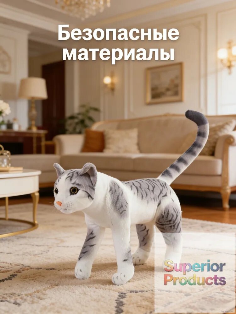 Мягкая игрушка Superior Products реалистичный серый кот 35 см с PP наполнителем