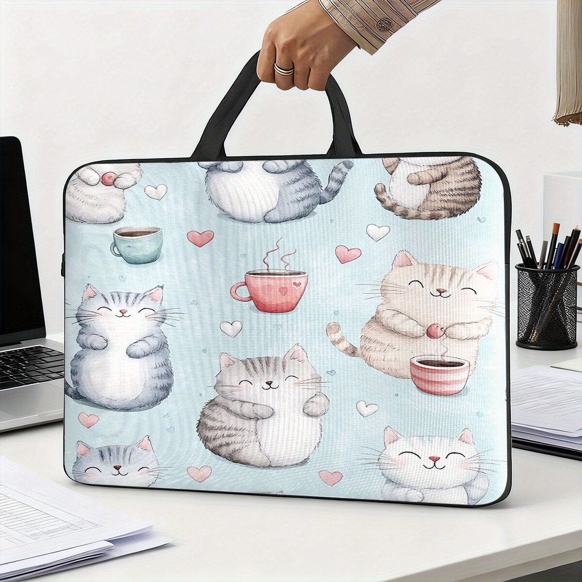 Сумка для ноутбука с милыми котами и кофейными зернами, подходит для 13/14/15/16/17 дюймов, стильный чехол с кофейной чашкой и котенком, для женщин и мужчин, для работы и учебы, размер 42×31 см