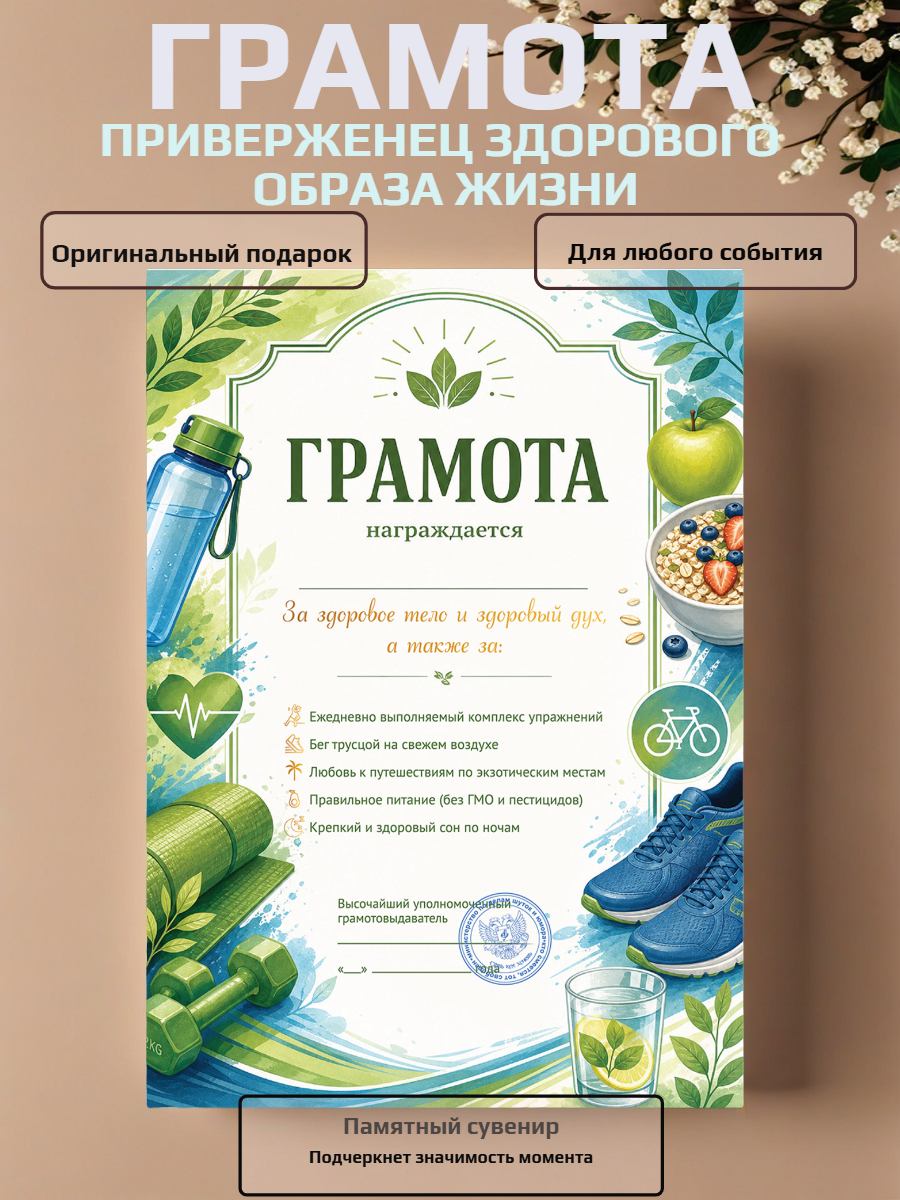 Грамота Филькина грамота "Приверженец здорового образа жизни", бумага/картон, 21x30 см