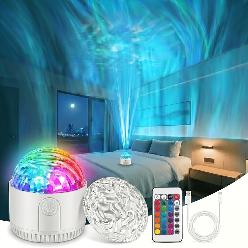 2-в-1 RGB Aurora вращающийся проекционный светильник, Северное сияние и водная рябь, аккумулятор 500mAh, с пультом, белый